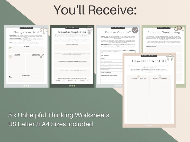 Unhelpful Thinking CBT Tool, 5 Worksheet Pack, Cognitive Behavioral ...
