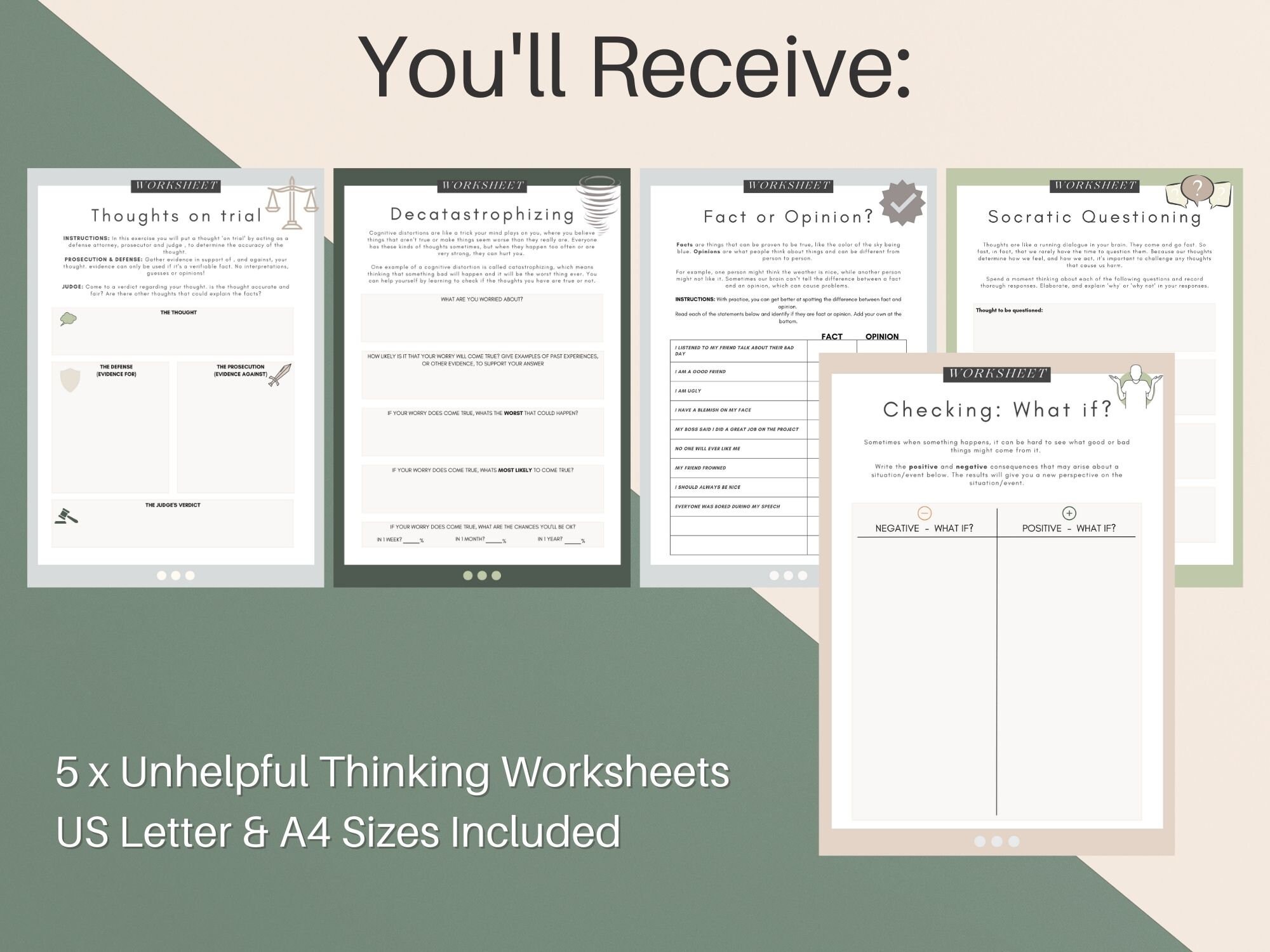 Unhelpful Thinking CBT Tool, 5 Worksheet Pack, Cognitive Behavioral ...