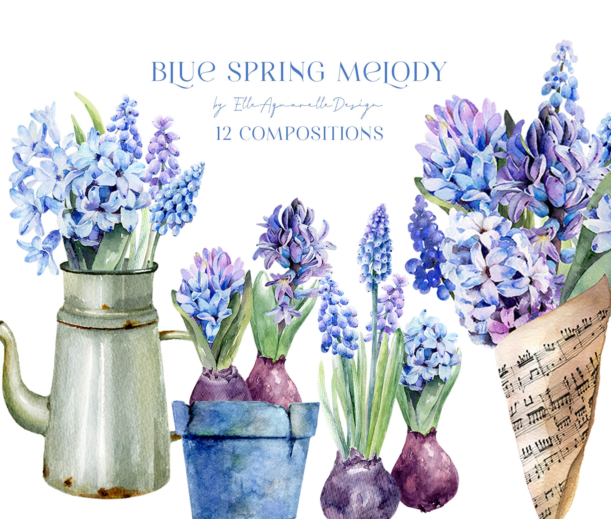 Blue Flowers Watercolor Clipart Hyacinth Muscari Png Spring - Etsy