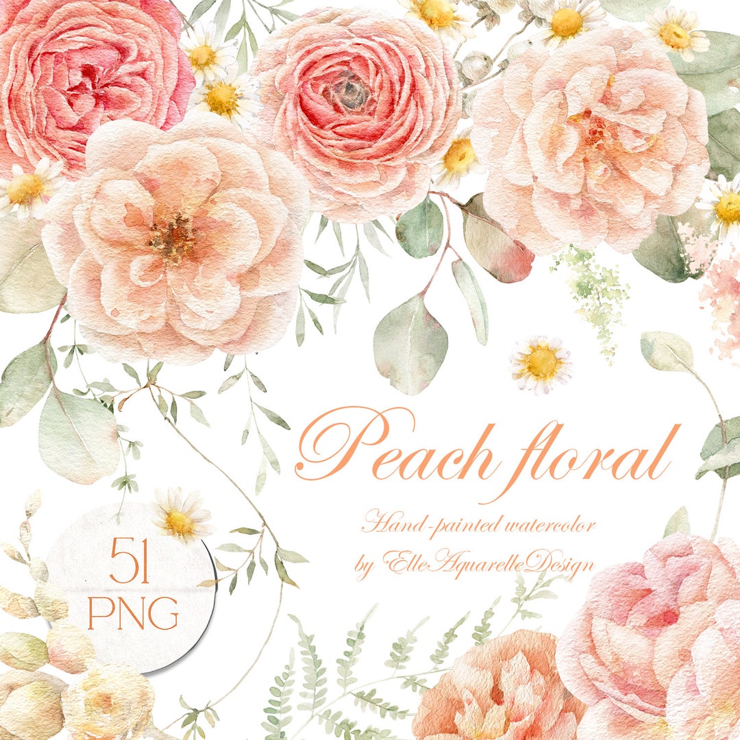 Peach Floral Clipart, Watercolor Peach Flowers Clipart, Watercolour ...