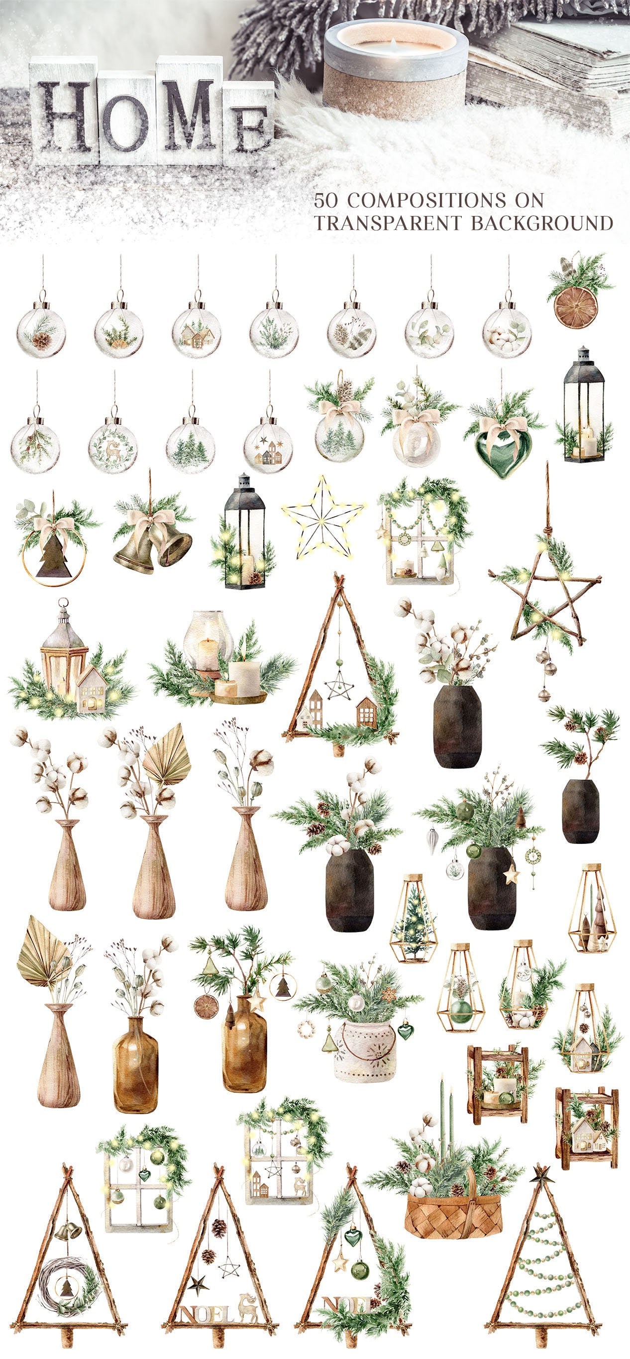 Boho Christmas Clipart, Watercolor Neutral Christmas Ornaments Clipart ...