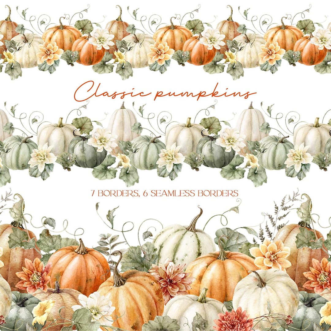 Watercolor Pumpkin Border Clipart, Orange Pumpkins Clipart, Fall Floral ...