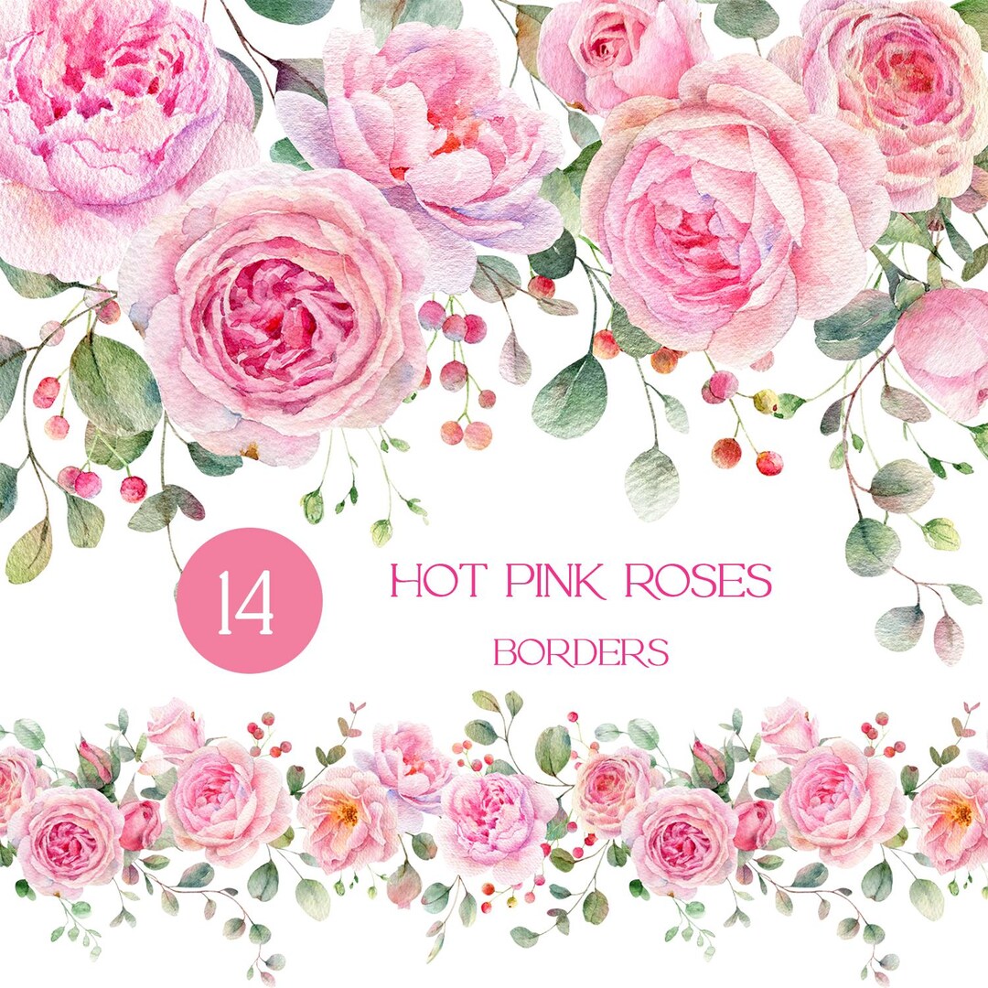 Pink Roses Watercolor Clipart, Pink Flower Border Clip Art Graphic Png ...