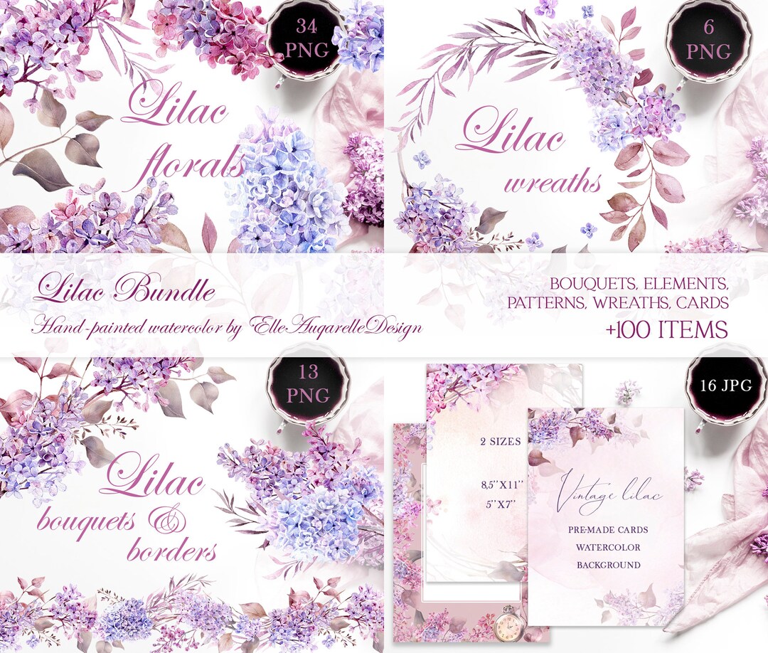 Watercolor Spring Flowers Clipart Bundle, Purple Flowers Lilac Clipart ...