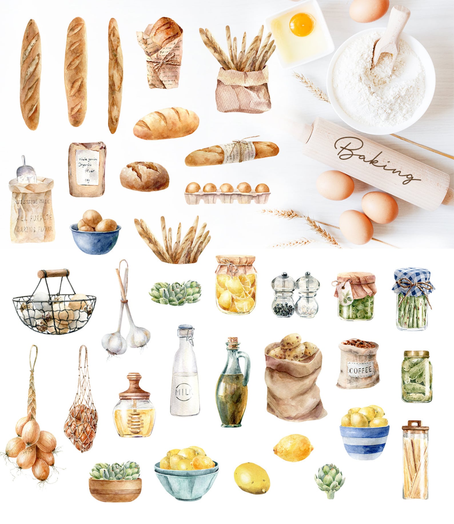 Watercolor Kitchen Clipart Bundle, Country Kitchen Clipart, Accessories ...
