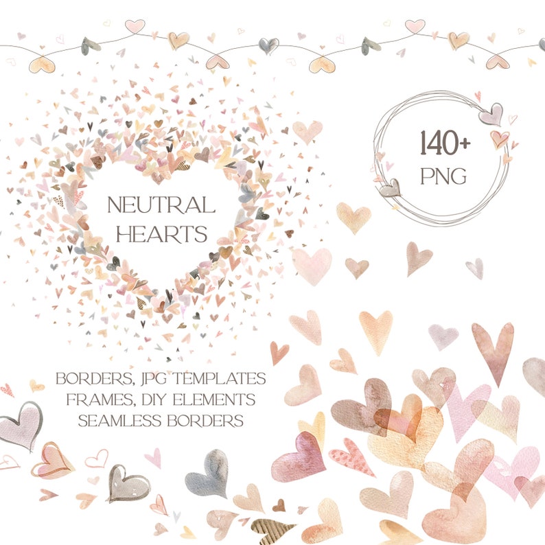 Neutral Watercolor Heart Clipart, Hand Painted Valentine Clip Art ...