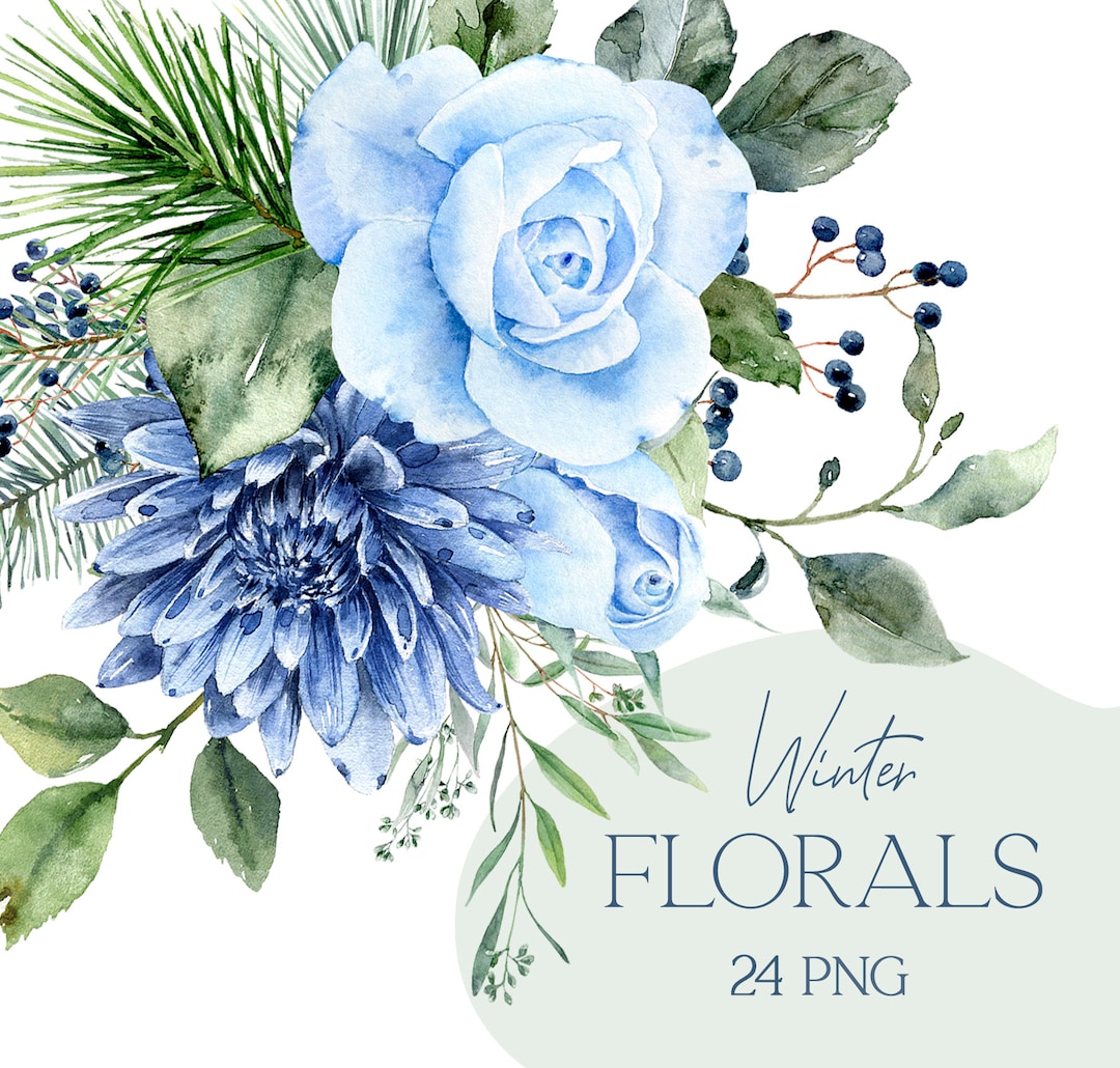Blue Floral Clipart, Blue Flowers Clip Art, Watercolor Flower Clipart ...