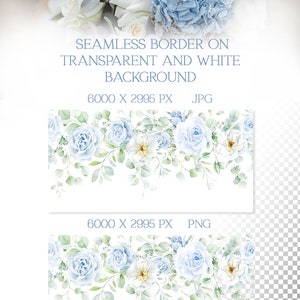 Watercolor Floral Border, Dusty Blue Floral Clipart, Seamless Border ...