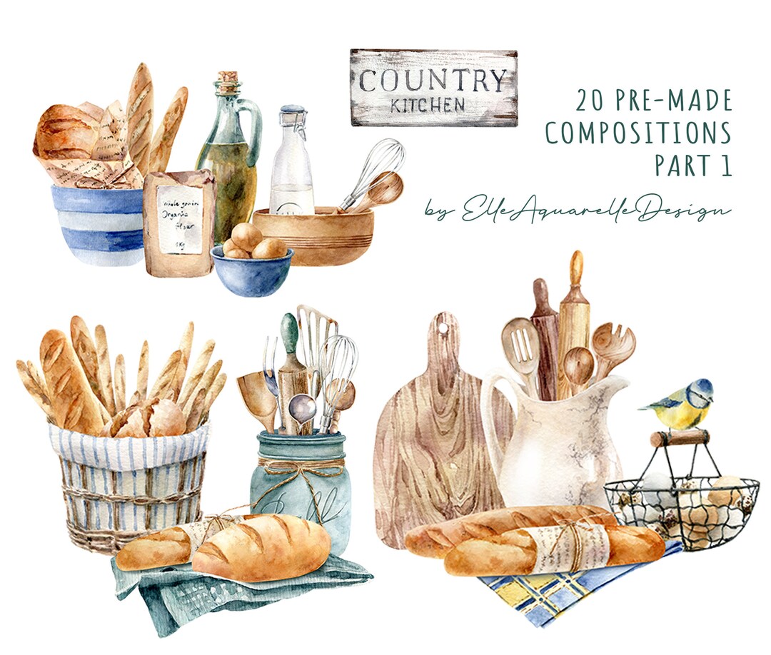 Watercolor Baking Clipart, Watercolor Country Kitchen Clipart, Utensils ...