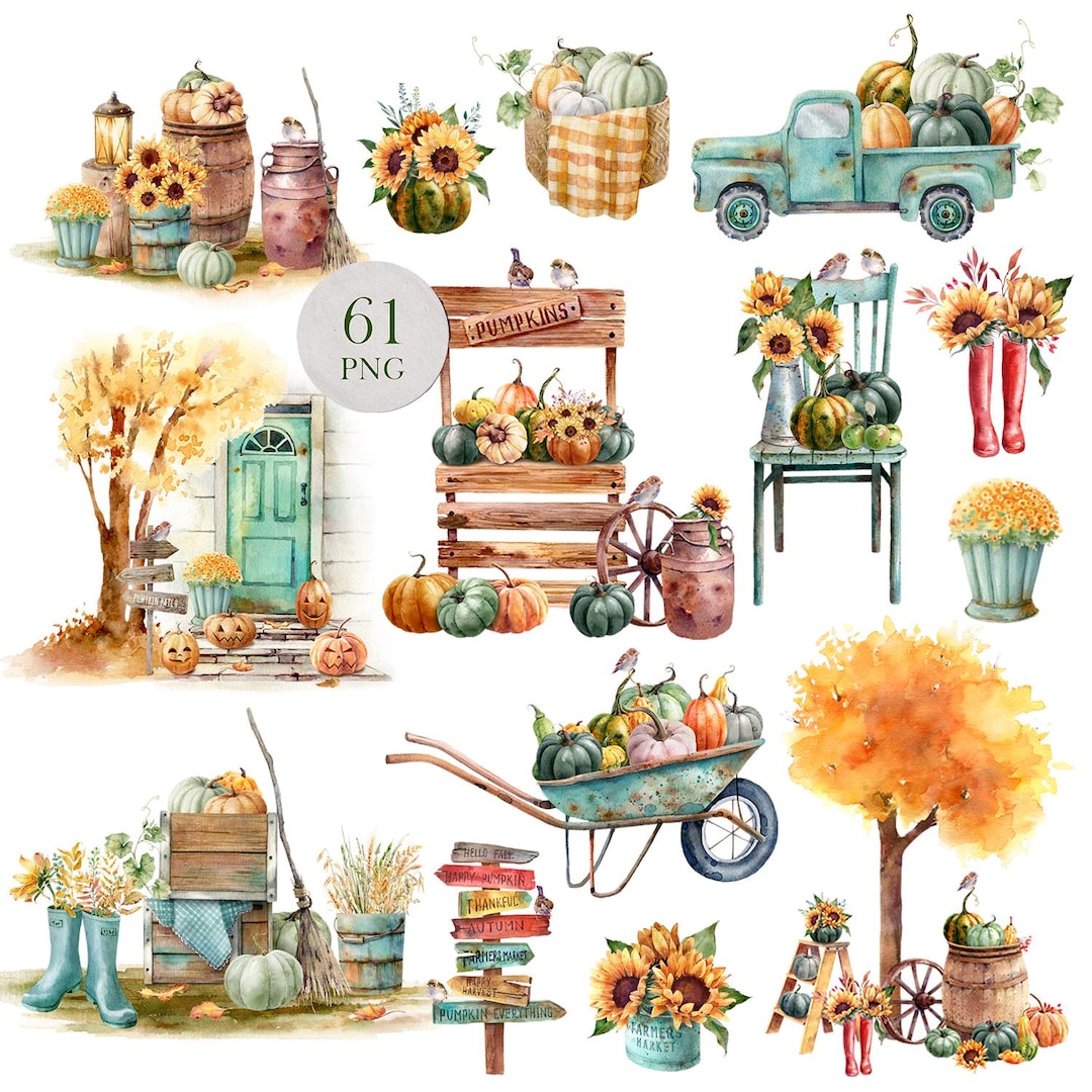 Watercolor Fall Clipart, Watercolor Autumn Clipart, Pumpkin Harvest ...