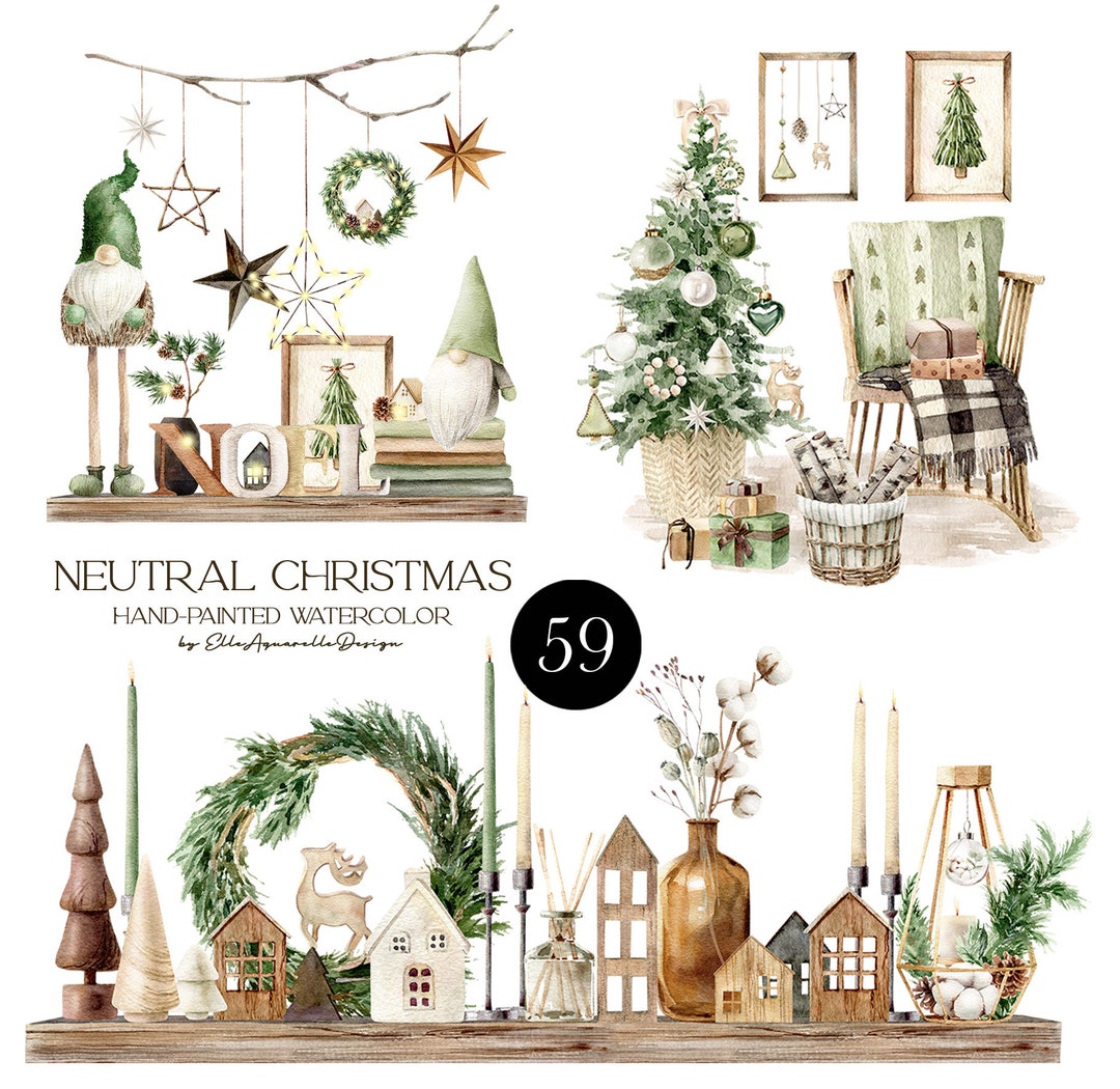 Watercolor Boho Christmas Clipart, Cozy Christmas Png, Neutral ...