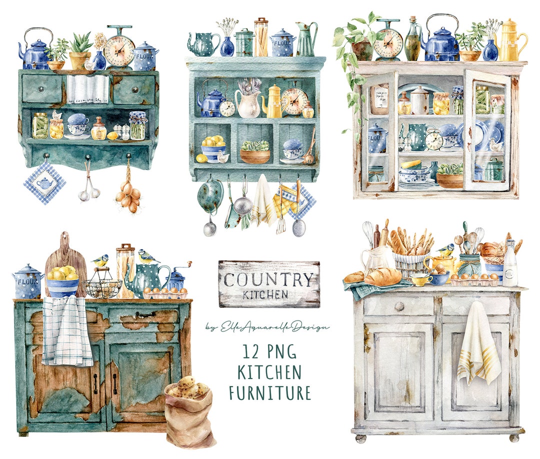 Watercolor Kitchen Furniture Clipart, Vintage Kitchenware Clipart, Old ...