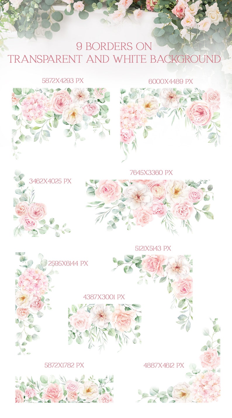 Watercolor Floral Border Blush Pink Roses Clipart Dusty Pink - Etsy