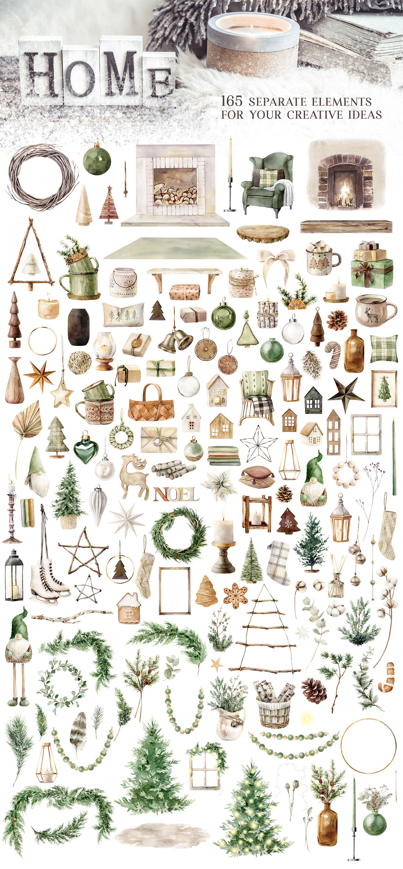 Watercolor Boho Christmas Clipart Bundle, Noel Aquarelle, Xmas Garland ...