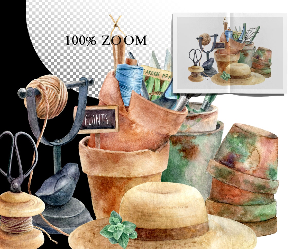 Watercolor Gardening Clipart, Rustic Farmhouse Clip Art, Spring Garden ...