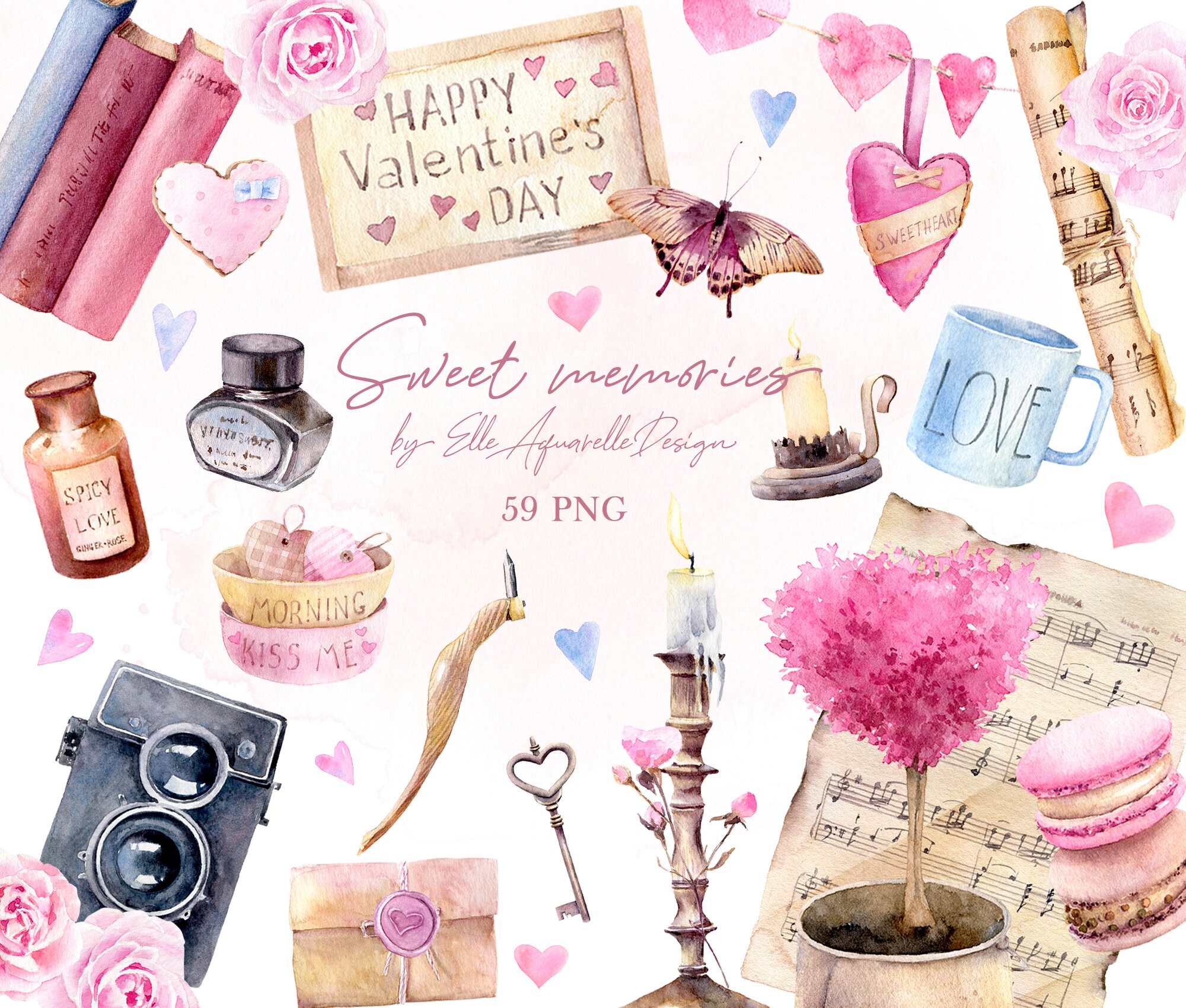 Valentine Day Watercolor Clipart Valentines Png Vintage - Etsy