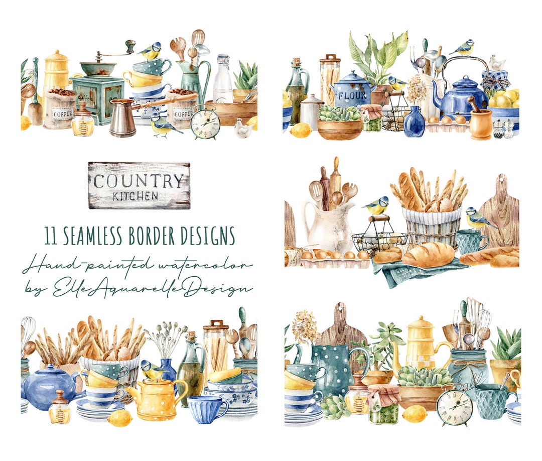 Watercolor Baking Clipart, Seamless Border, Watercolor Country Kitchen ...