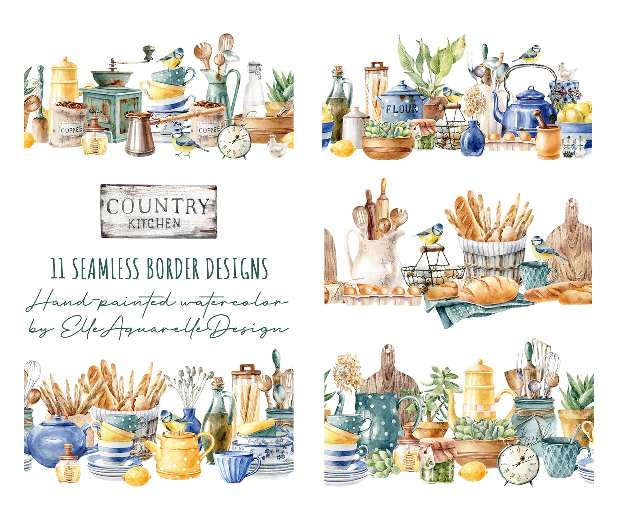 Watercolor Baking Clipart, Seamless Border, Watercolor Country Kitchen ...