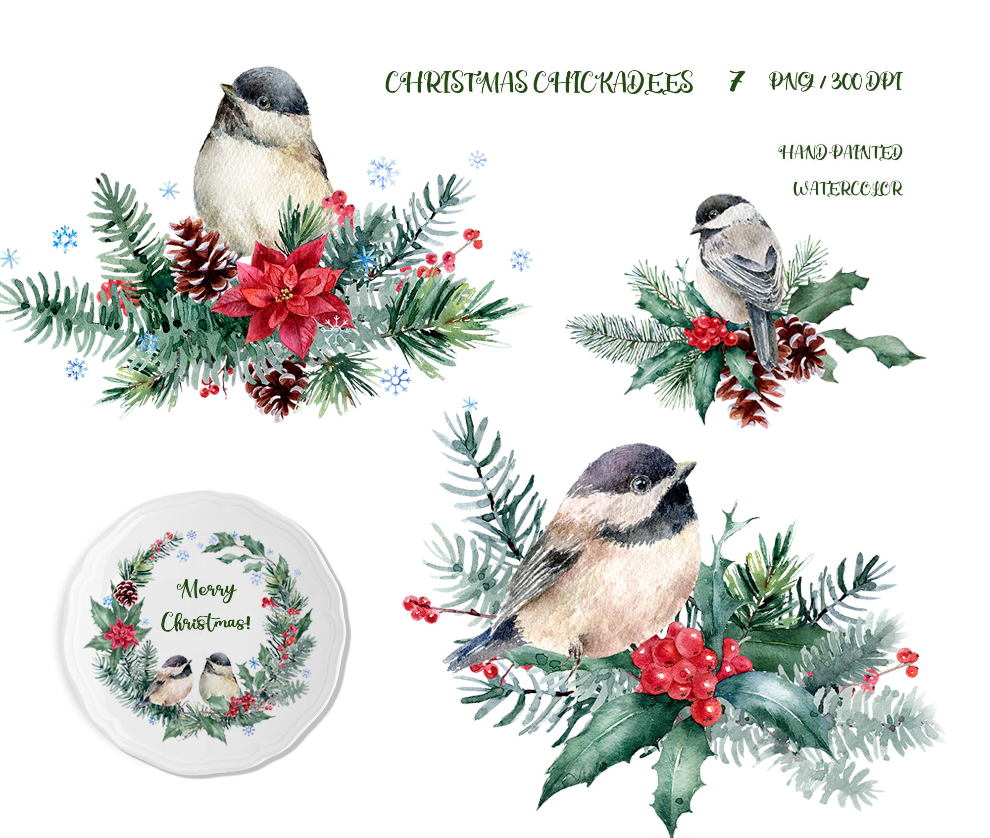 Chickadee Watercolor Clipart Happy New Year Winter Birds - Etsy