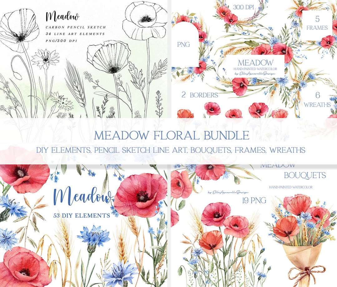 Watercolor Poppy Flowers Clipart Bundle, Red and Blue Floral Clipart ...
