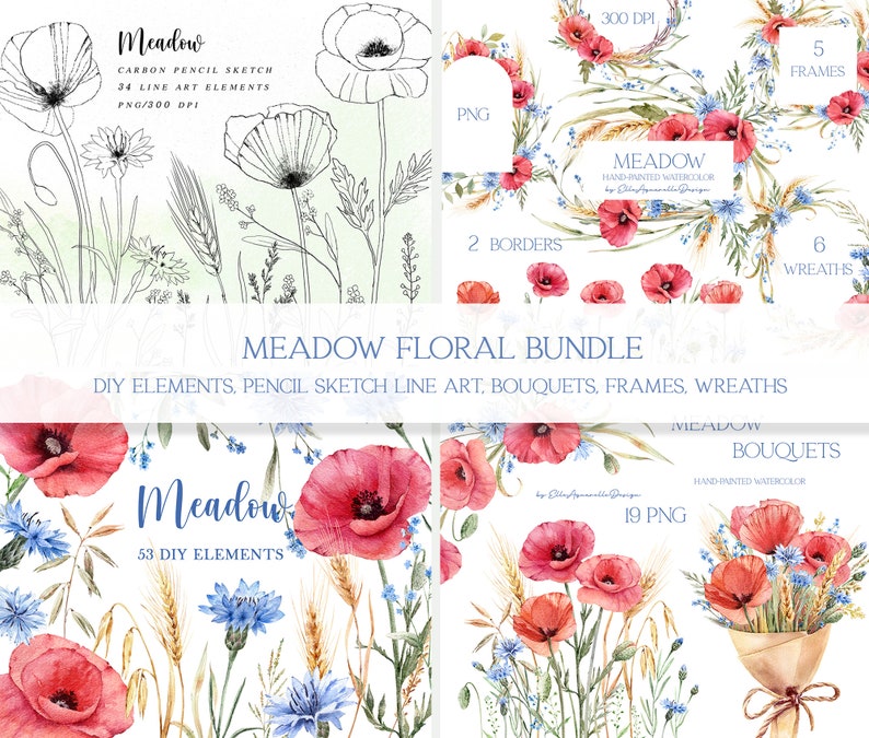 Watercolor Poppy Flowers Clipart Bundle Red and Blue Floral - Etsy