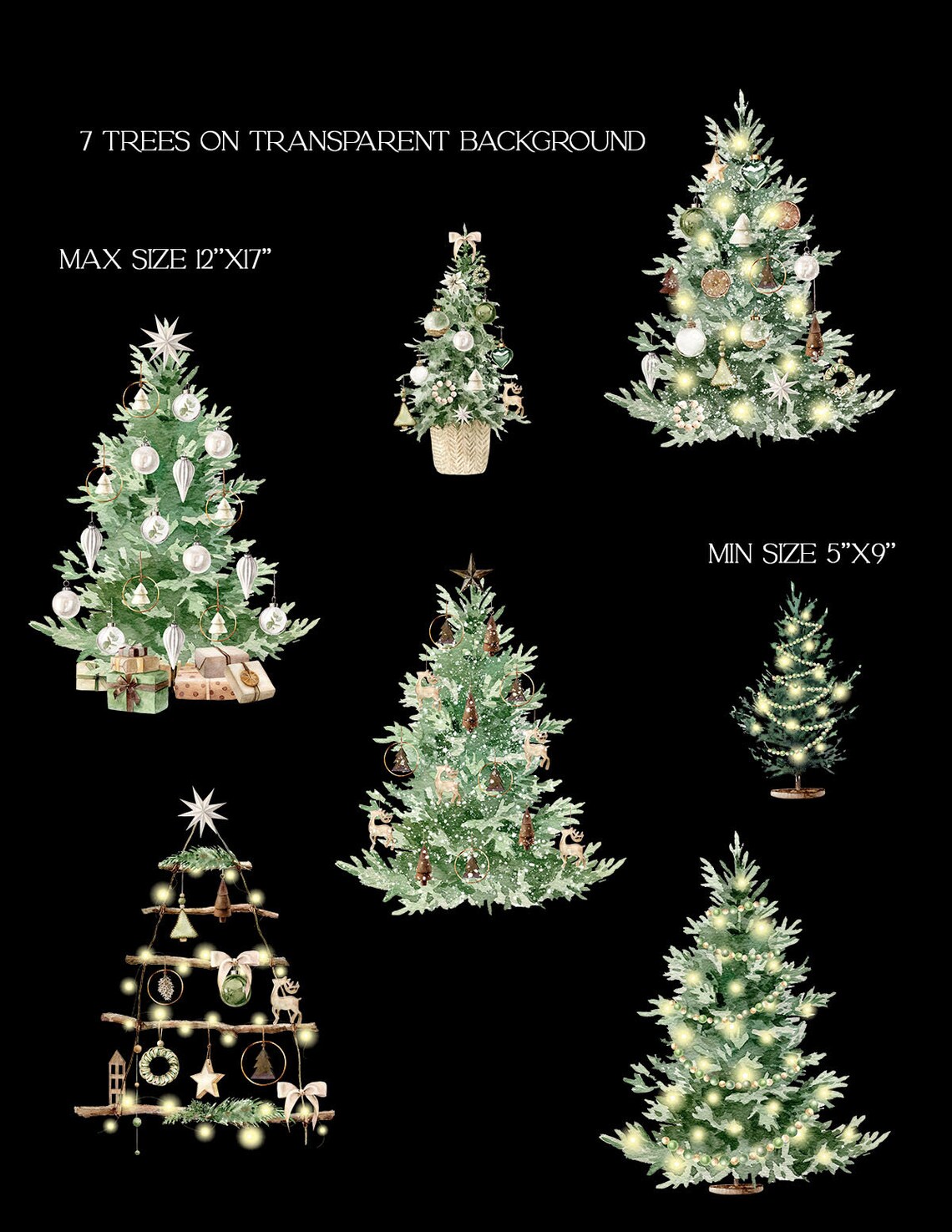 Boho Christmas Tree Clipart, Watercolor Neutral Christmas Trees, Rustic ...