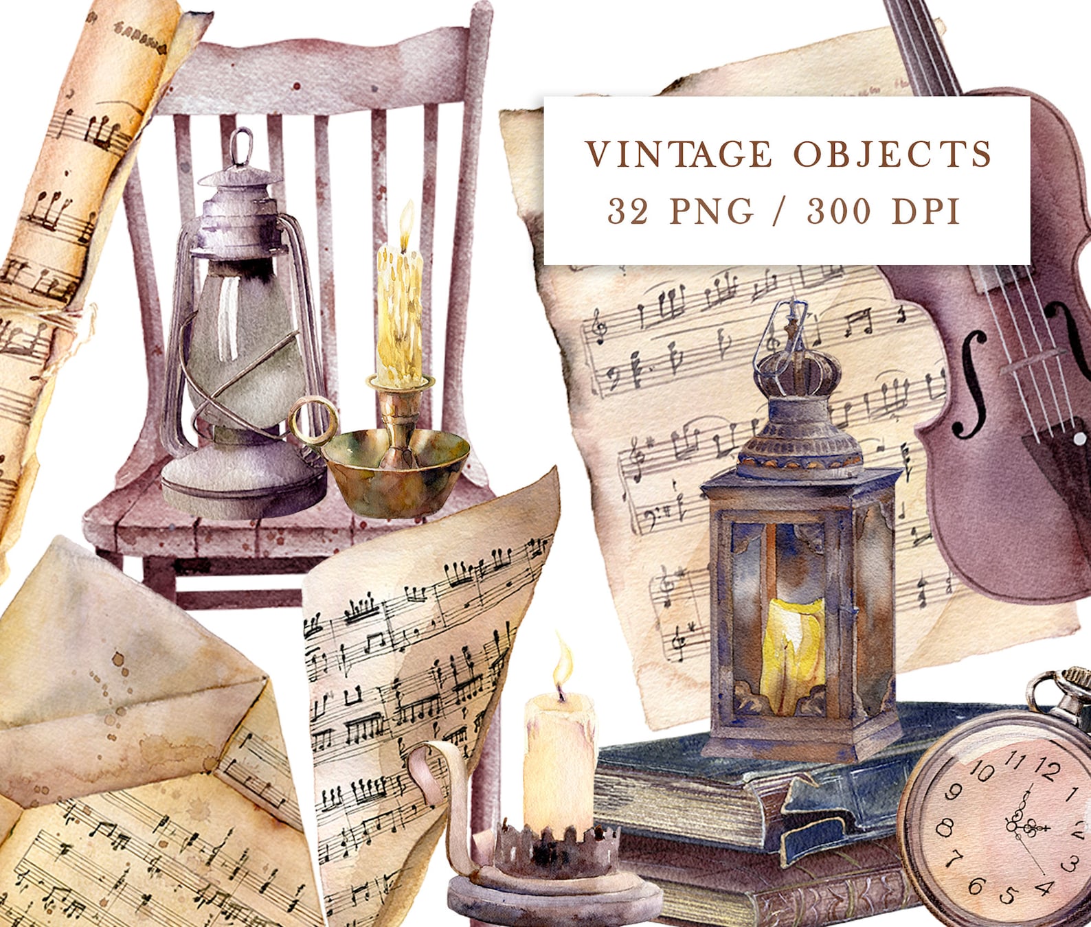 Vintage Watercolor Clipart Music Sheet Old Papers Candle - Etsy