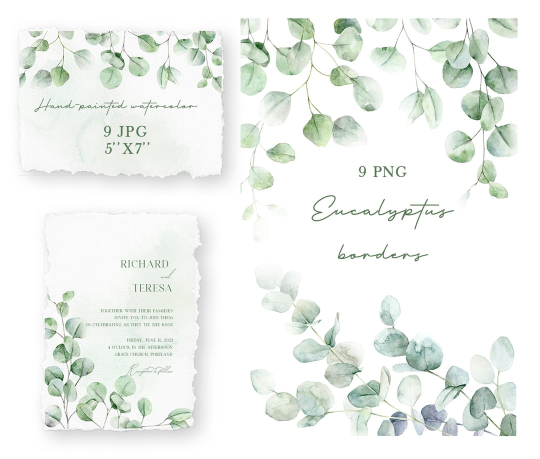 Watercolor Eucalyptus Border, Greenery Frame Clipart, Botanical Wedding ...