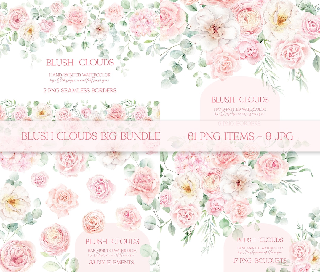 Watercolor Floral Border Blush Pink Roses Clipart Dusty Pink - Etsy