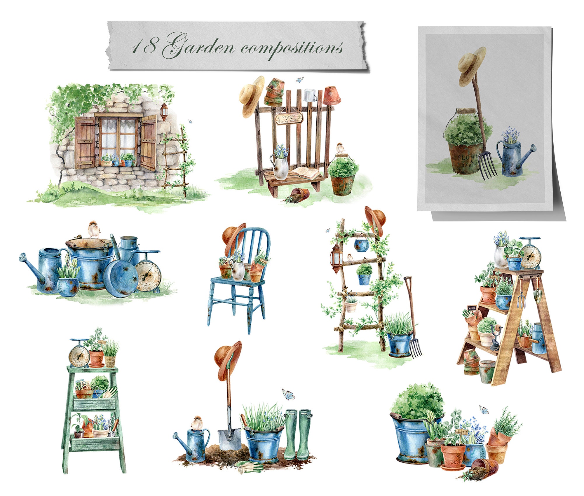 Hand Painted Watercolor Gardening Clipart Rustic Farmhouse Plants and ...