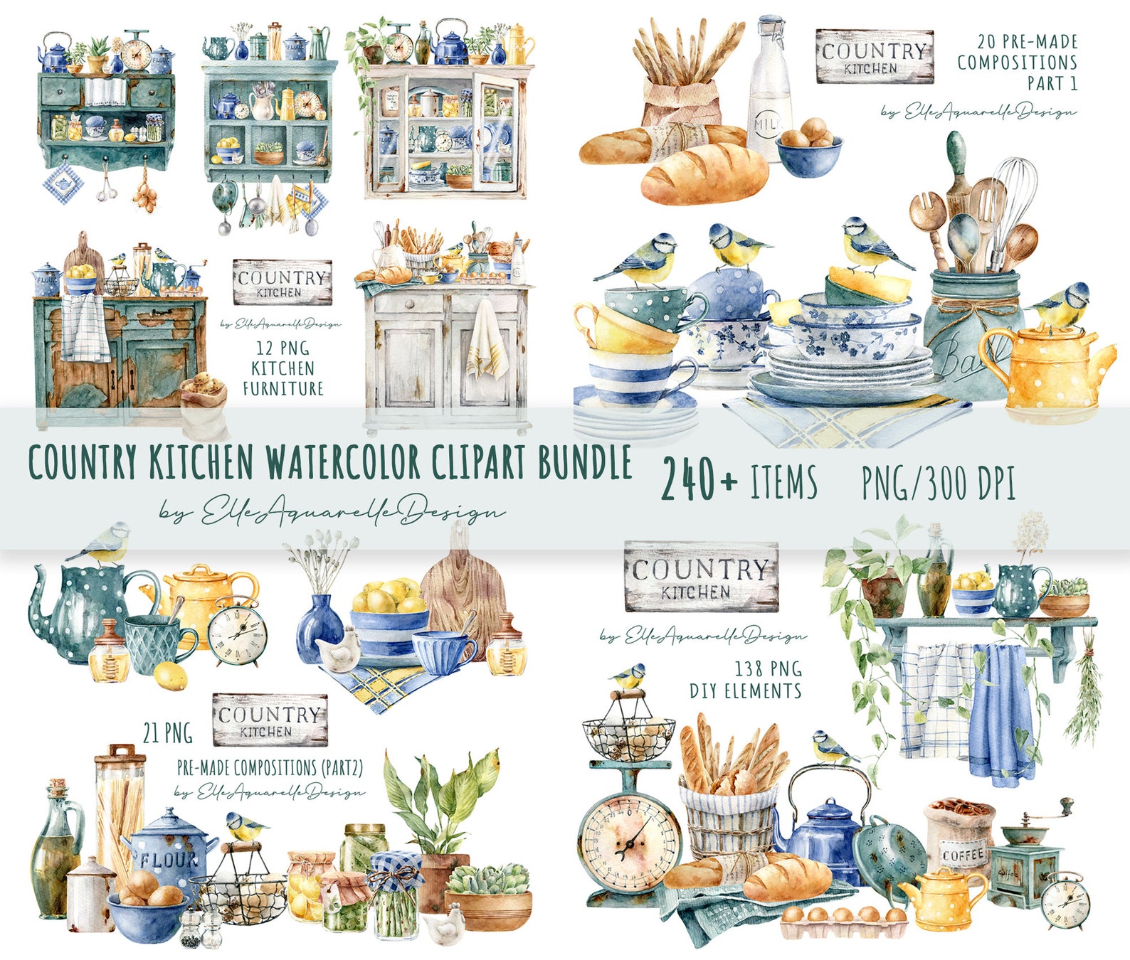 Watercolor Kitchen Clipart Bundle, Country Kitchen Clipart, Accessories ...