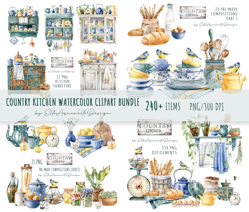 Watercolor Kitchen Clipart Bundle Country Kitchen Clipart - Etsy