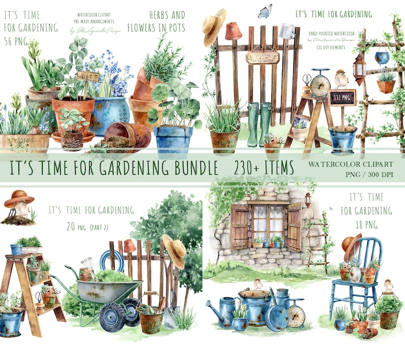 Watercolor Gardening Clipart Bundle, Spring Clipart, Garden Clipart ...