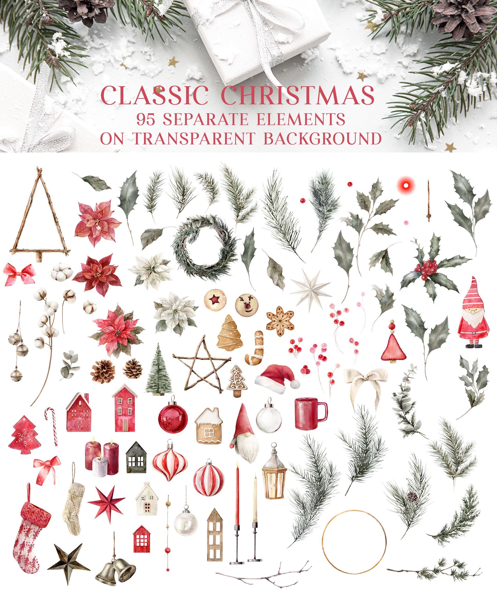 Traditional Christmas Clipart, Red Christmas Watercolor Ornaments ...