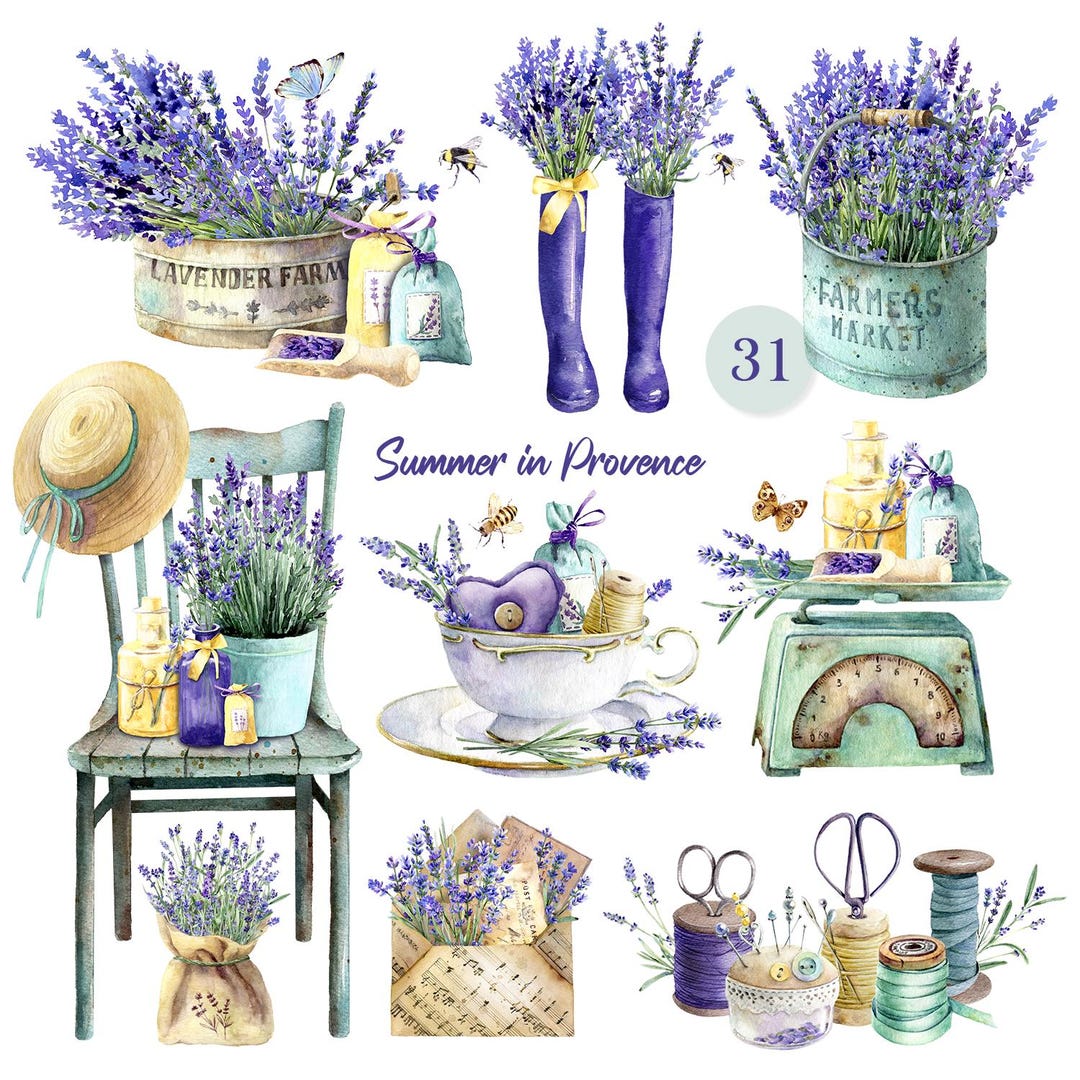 Hand-painted Watercolor Lavender Clipart, French Cottagecore ...