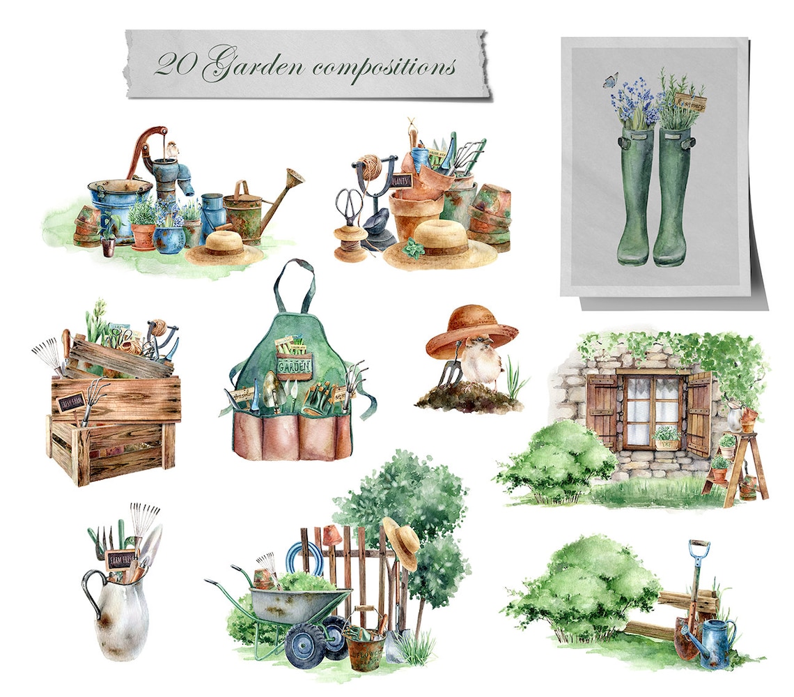 Watercolor Gardening Clipart, Rustic Farmhouse Clip Art, Spring Garden ...