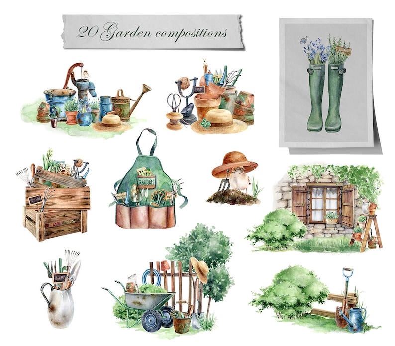 Watercolor Gardening Clipart Rustic Farmhouse Clip Art - Etsy
