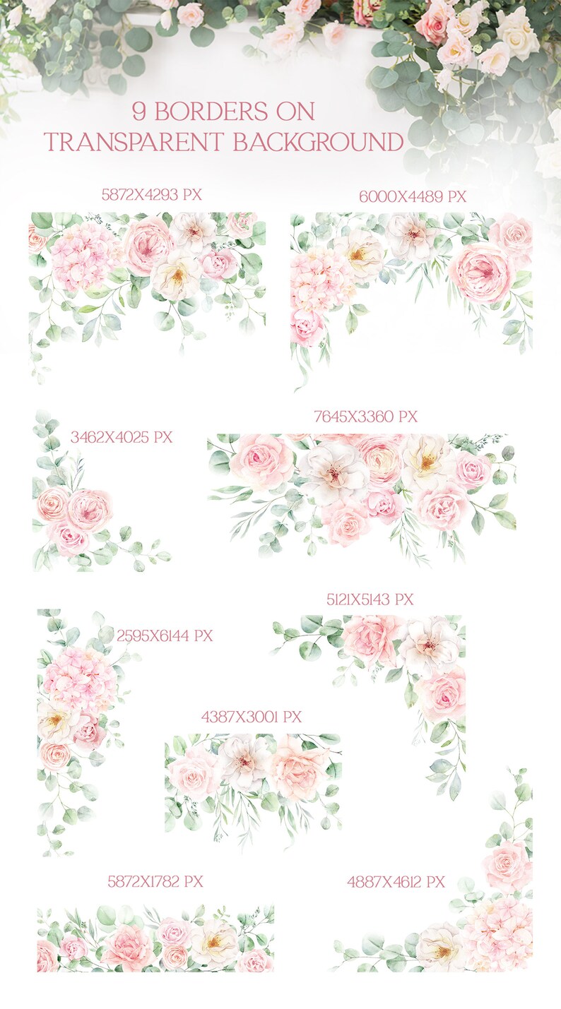 Watercolor Floral Border Blush Pink Roses Clipart Dusty Pink - Etsy