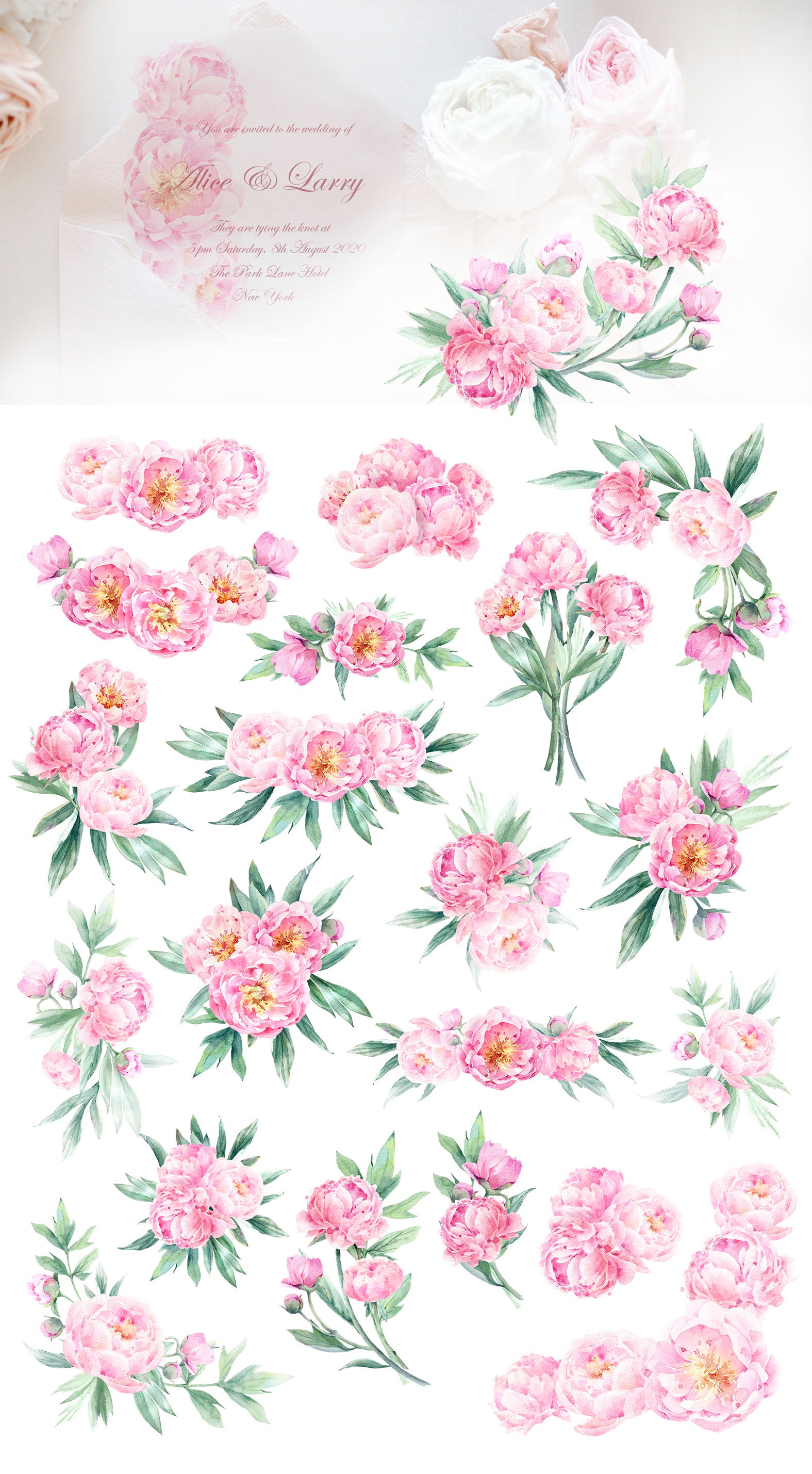 Watercolor Peonies Clipart Pink Floral Clipart Watercolor - Etsy