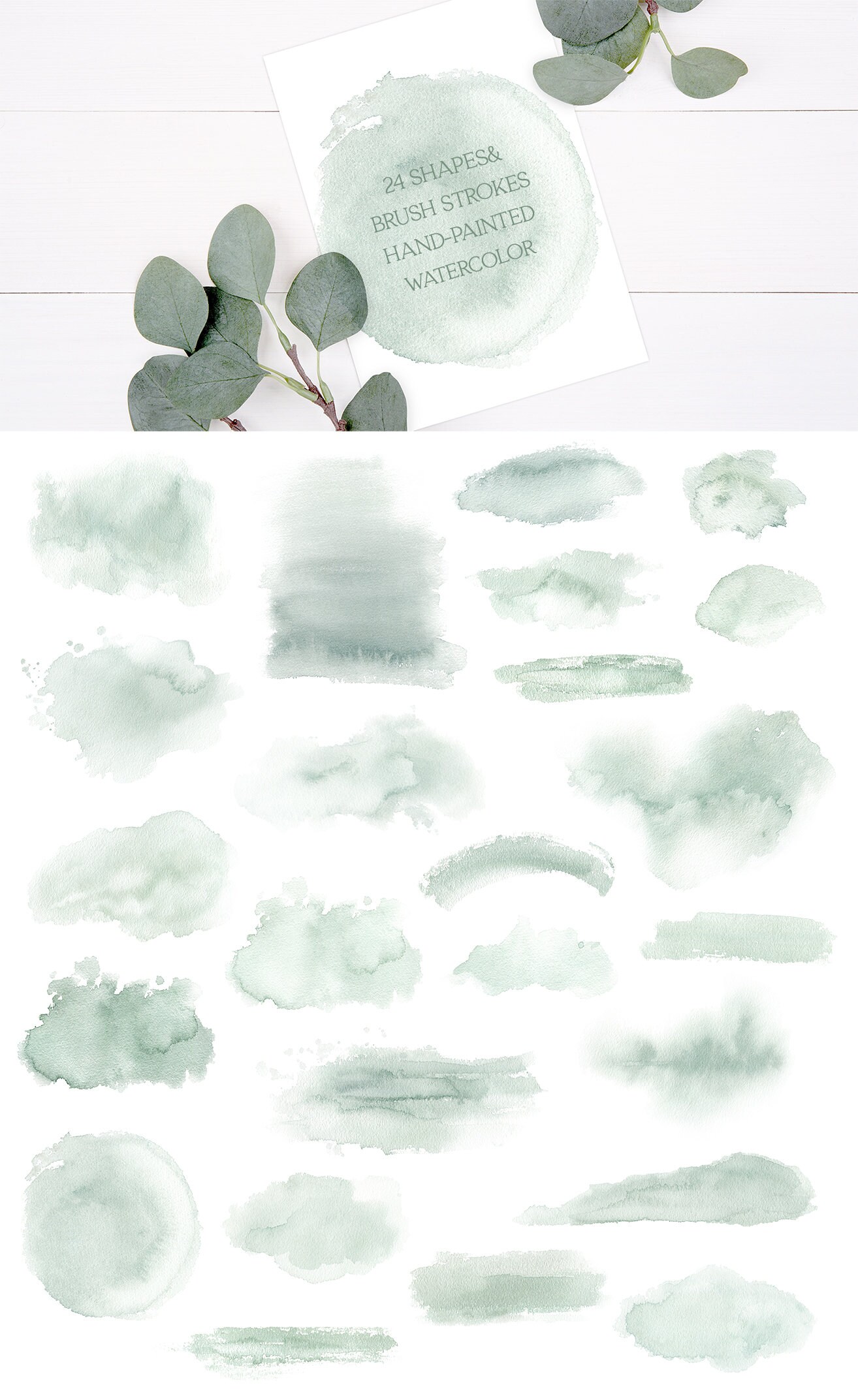 Sage Green Watercolor Splashes Clipart, Green Brush Strokes, Light ...