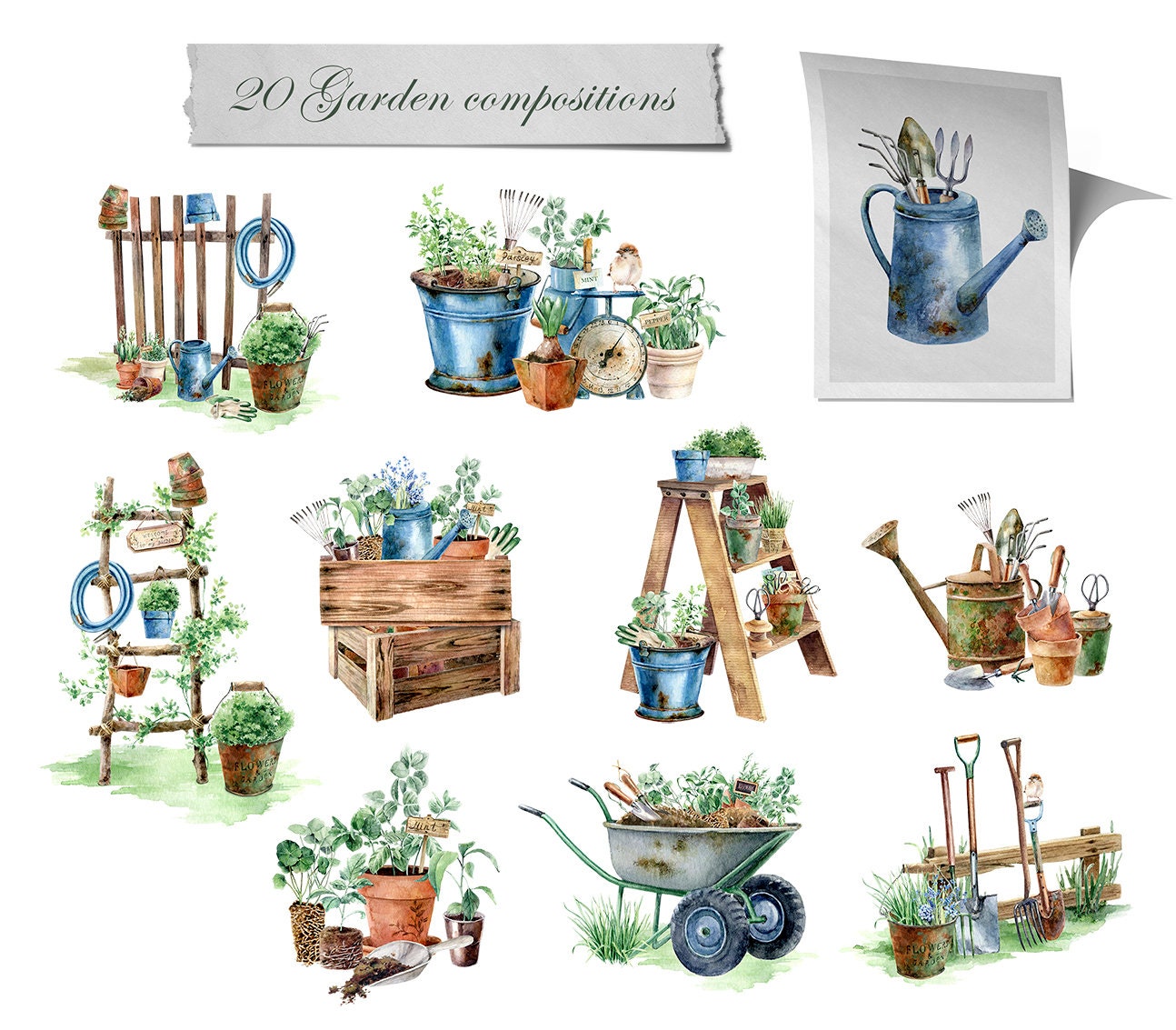 Watercolor Gardening Clipart, Rustic Farmhouse Clip Art, Spring Garden ...