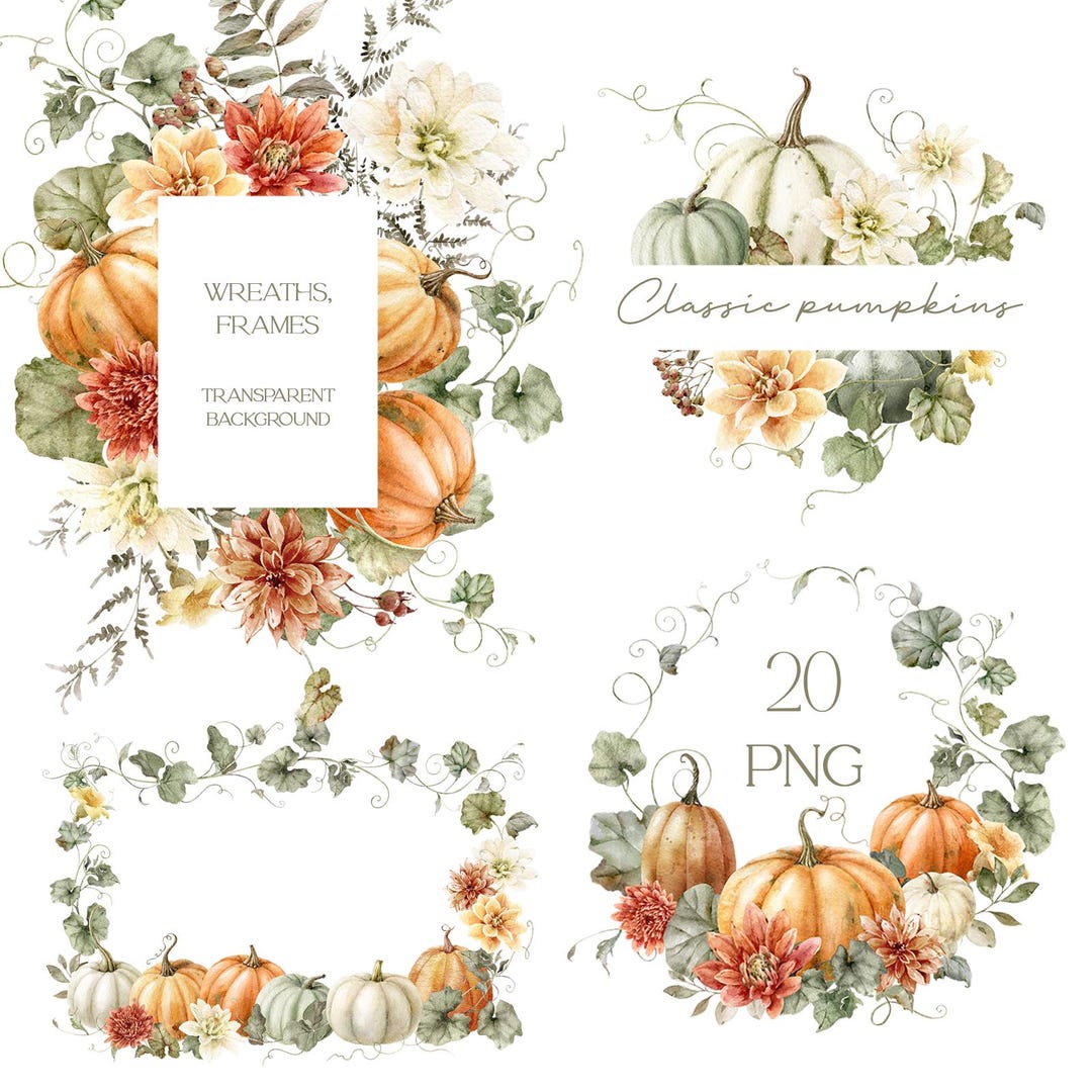 Watercolor Pumpkin Clipart, Orange Pumpkins Frame, Fall Wreath ...