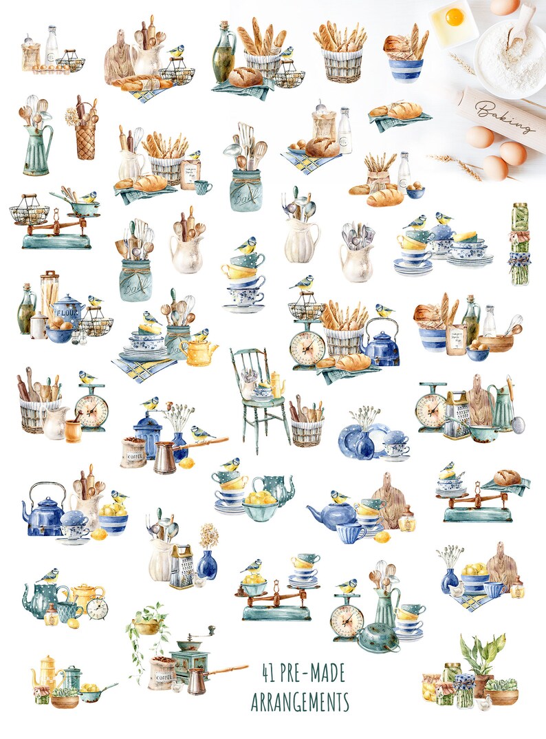 Watercolor Kitchen Clipart Bundle Country Kitchen Clipart - Etsy