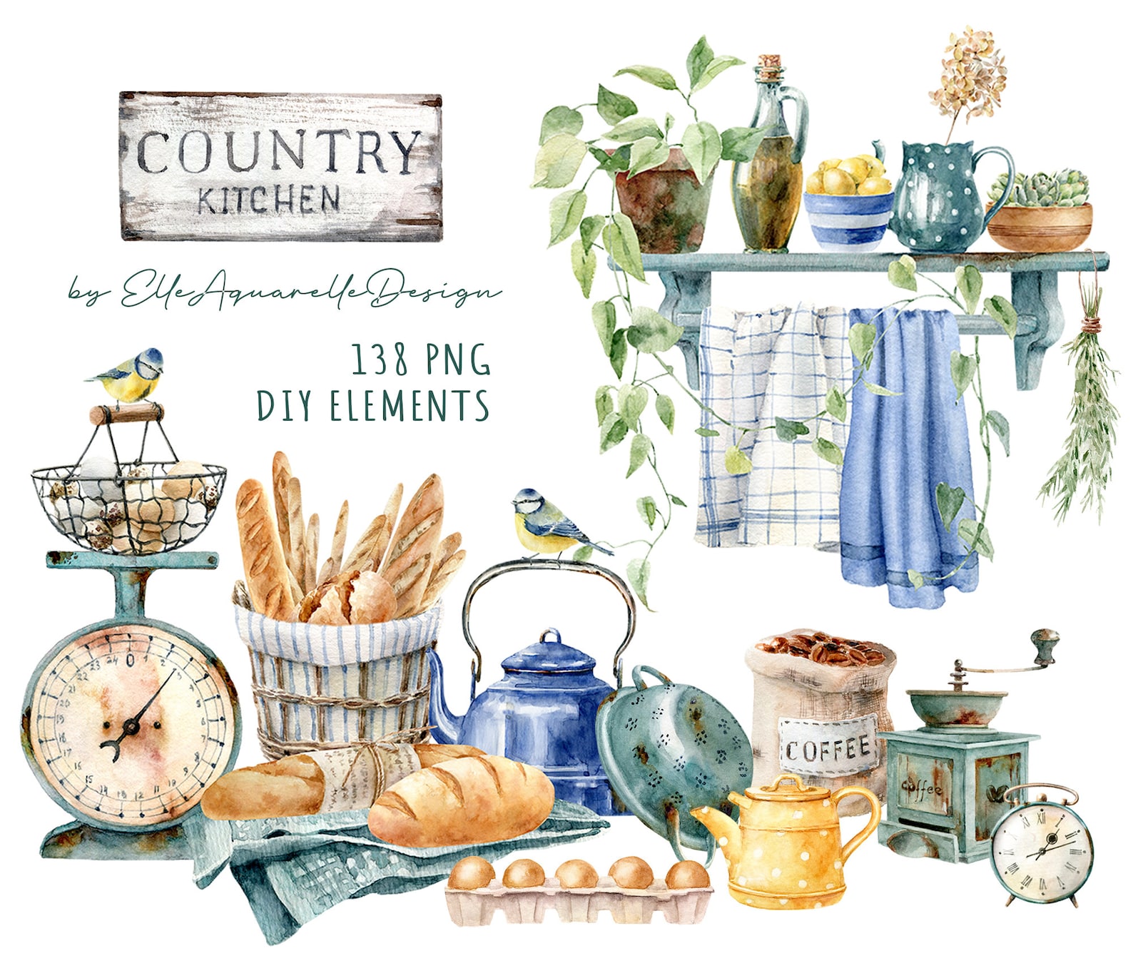 Watercolor Kitchen Clipart Country Kitchen Clipart Kitchen - Etsy
