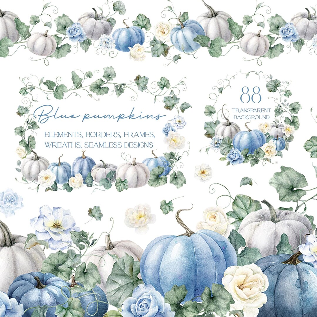 Watercolor Blue Pumpkin Clipart Watercolour Floral Pumpkin Frames and ...