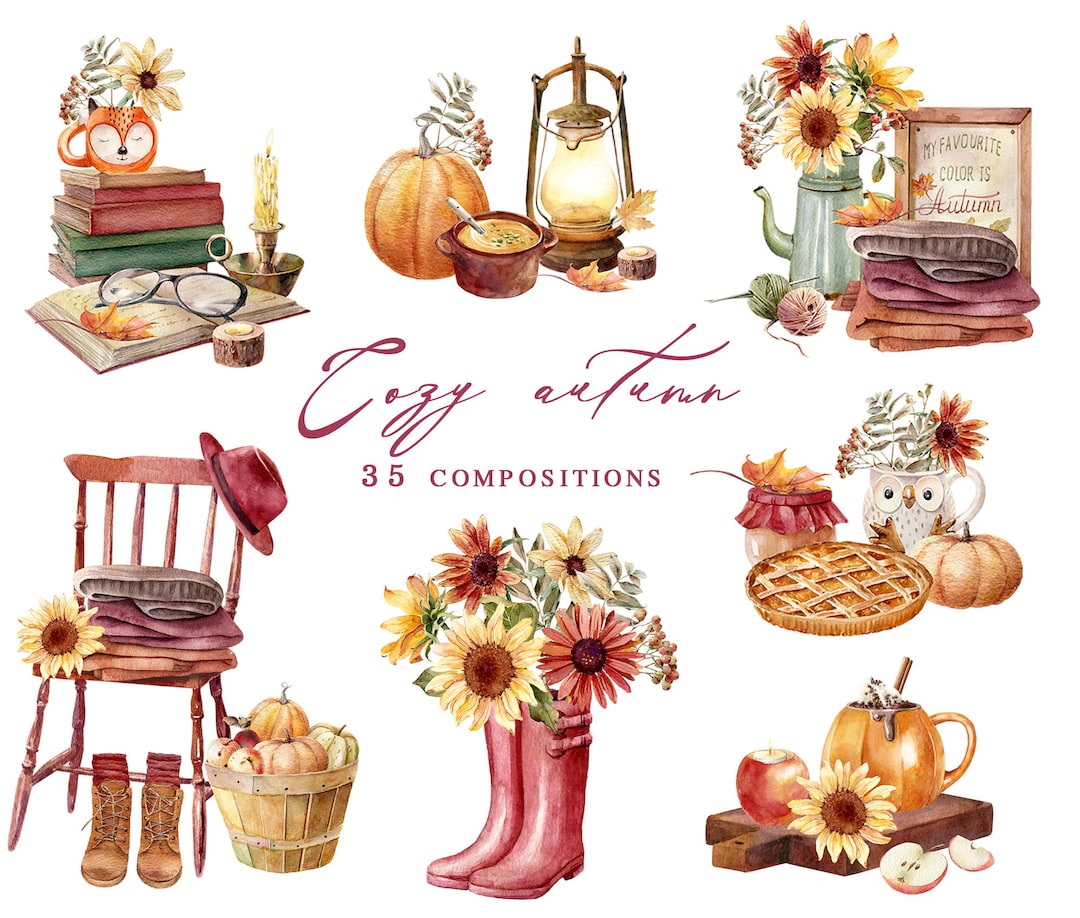 Watercolor Autumn Clipart Fall Clipart Cozy Autumn Clip Art - Etsy
