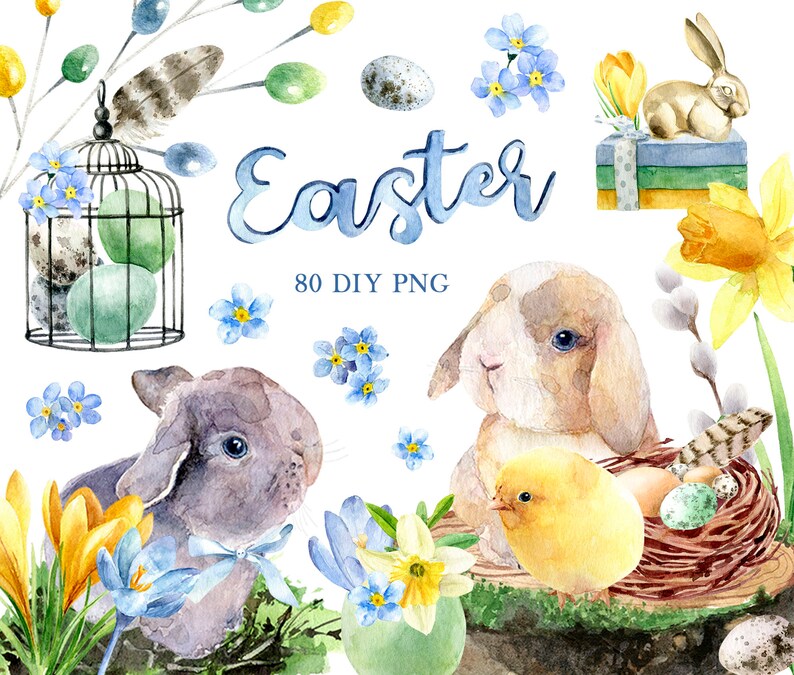 Watercolor Easter Clipart, Spring Clip Art, Easter Clipart, Bunny ...