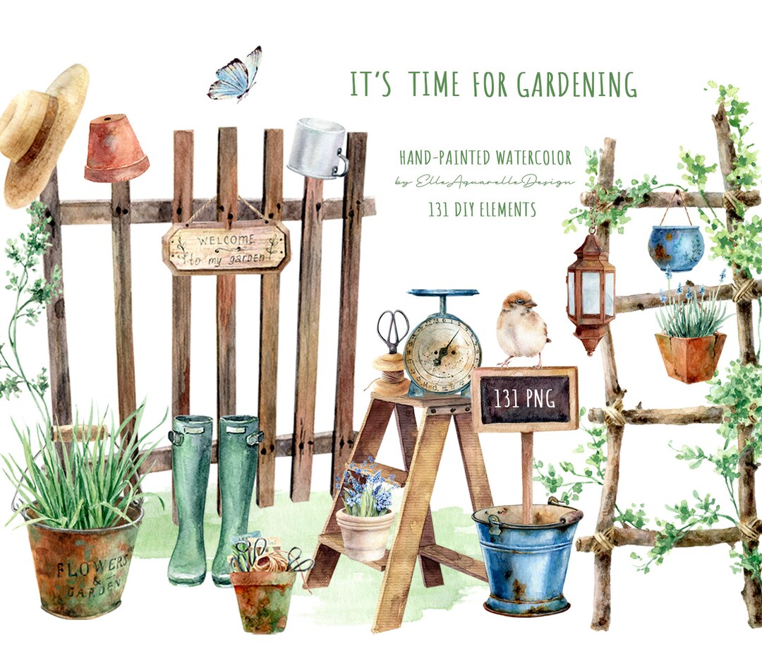 Watercolor Gardening Clipart, Rustic Farmhouse Clip Art, Garden Tools ...