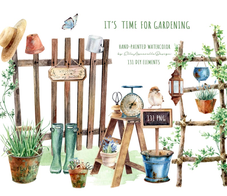 Watercolor Gardening Clipart Rustic Farmhouse Clip Art - Etsy