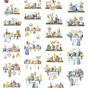 Watercolor Kitchen Clipart Bundle, Country Kitchen Clipart, Accessories ...